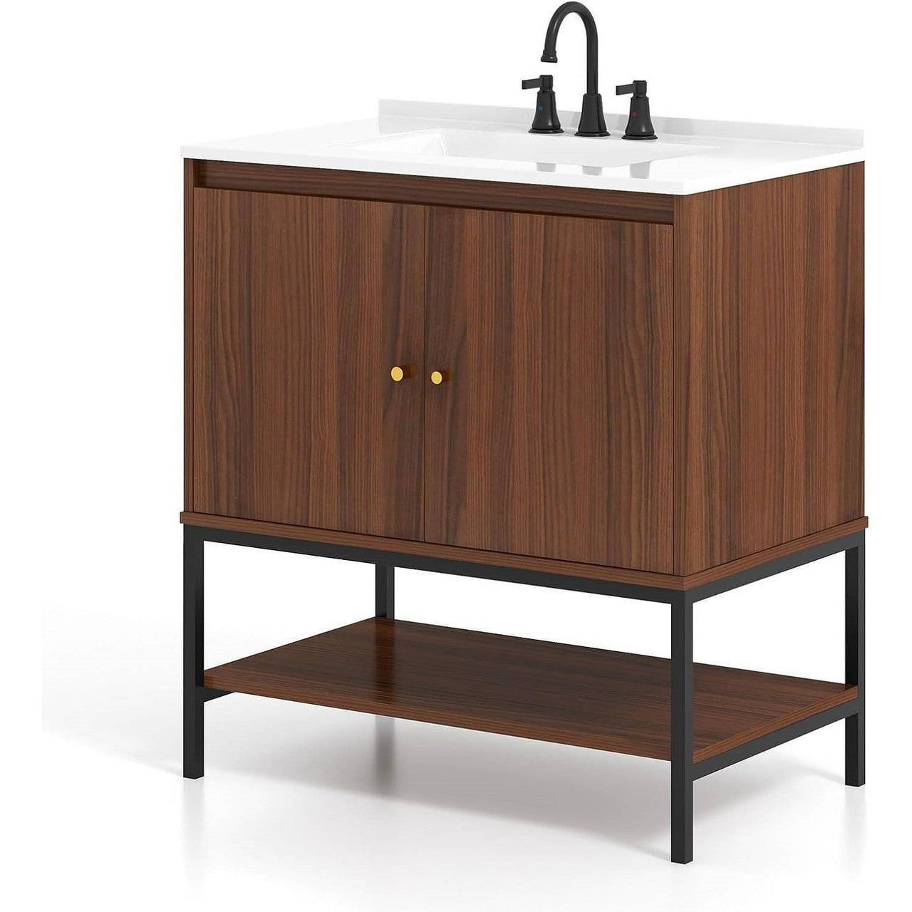 Modern Freestanding Bathroom Vanity in Walnut Wood Finish with Sink an ...
